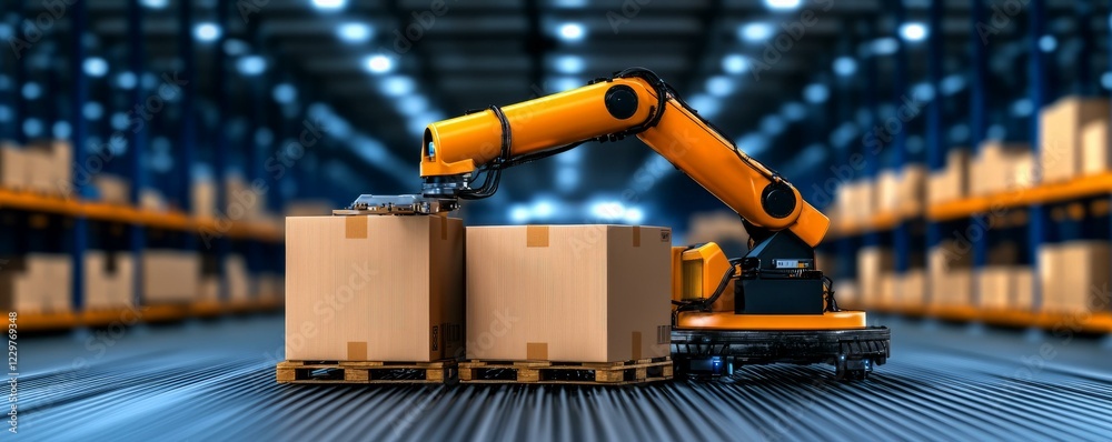 Robot transporting boxes in a modern warehouse environment and automated logistics system Stock ...
