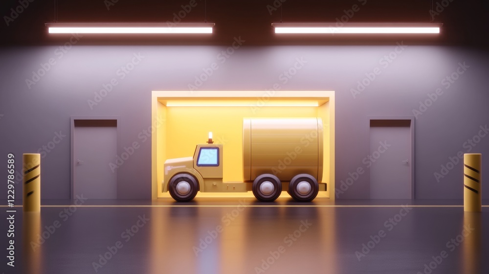 Pixel art style illustration of a yellow tanker truck parked inside a ...
