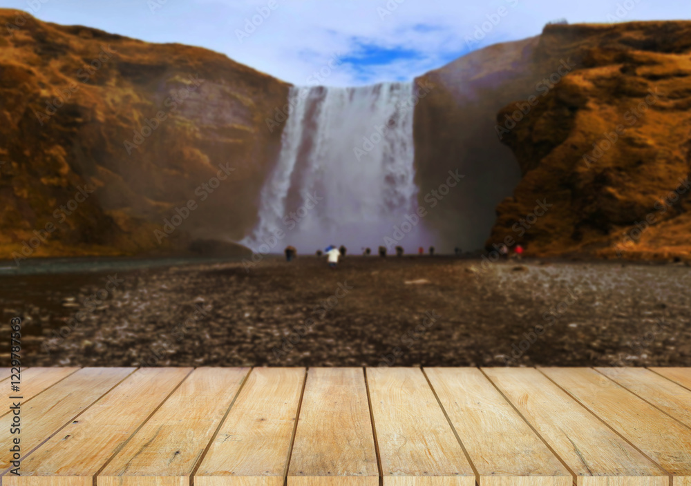 Wooden table top on blur stream water and forest natural background.For ...