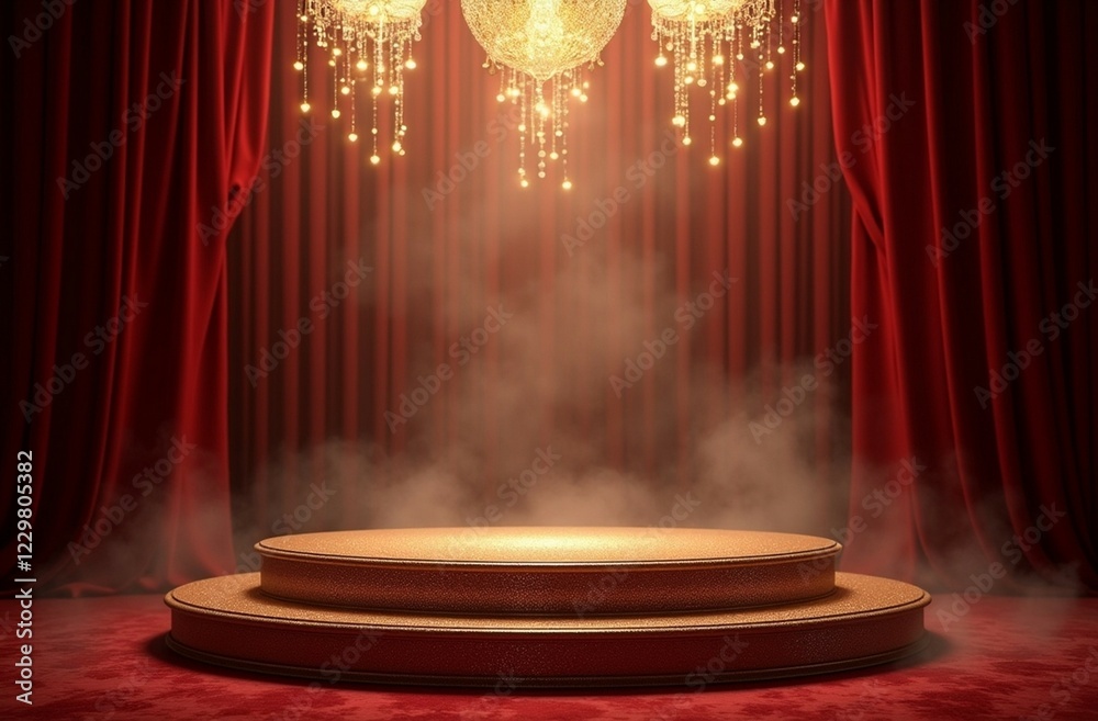 Red carpet stage with golden curtain on transparent background, ideal ...