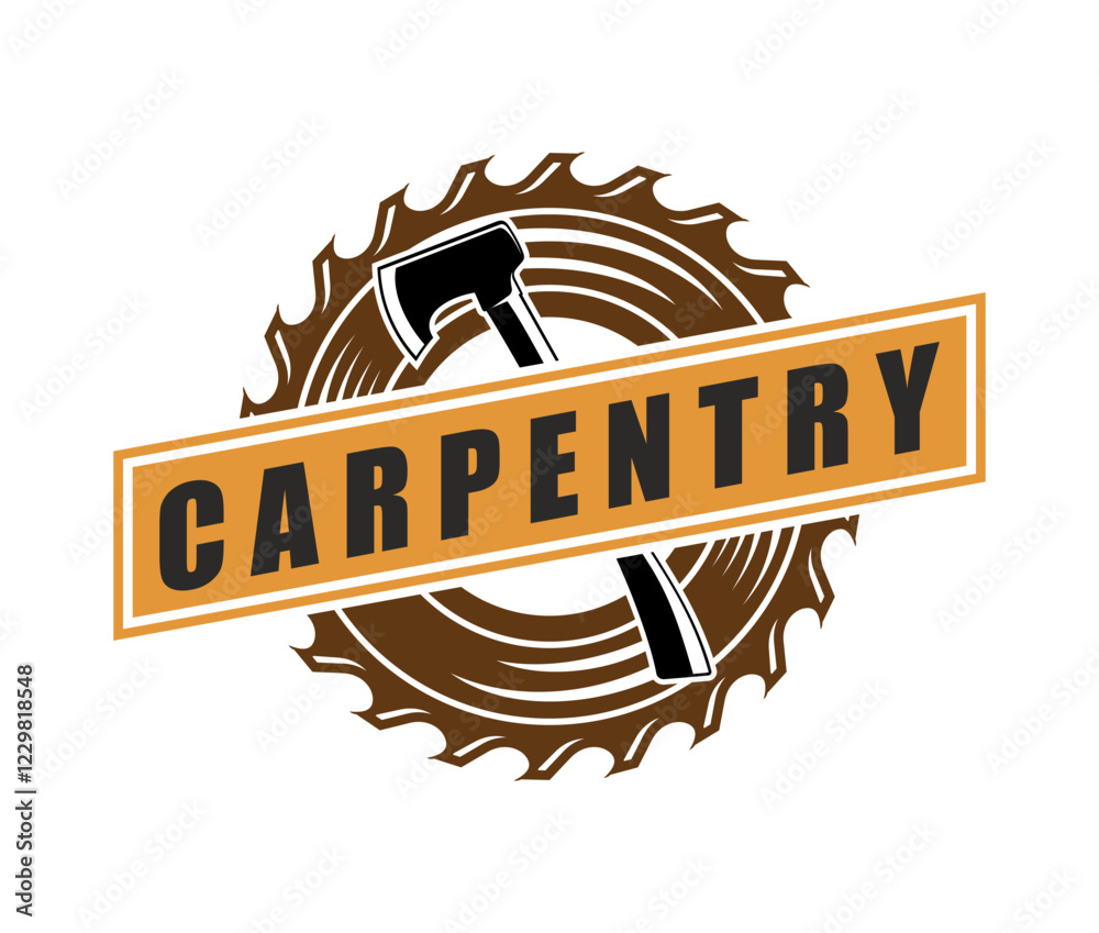 Carpentry woodwork icon featuring an axe overlaid on a circular saw ...