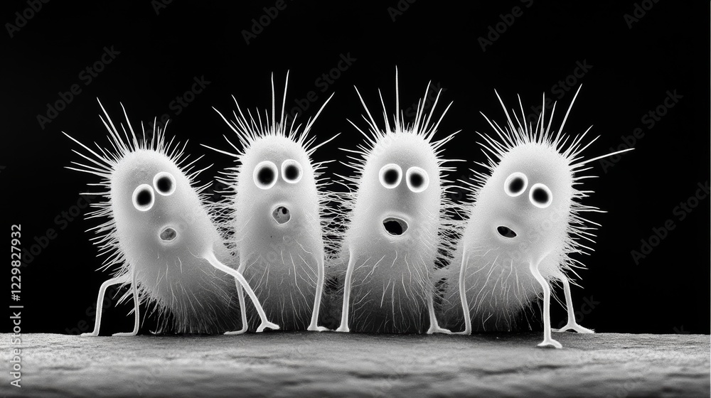 Four creepy looking creatures with big eyes and spiky hair are standing ...