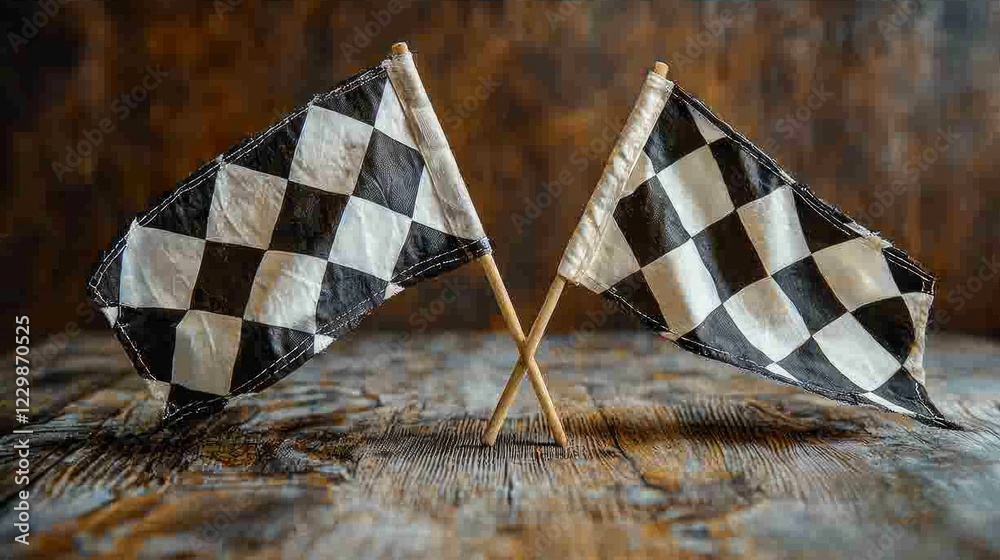 Checkered flags crossed on wooden surface, rustic background ...