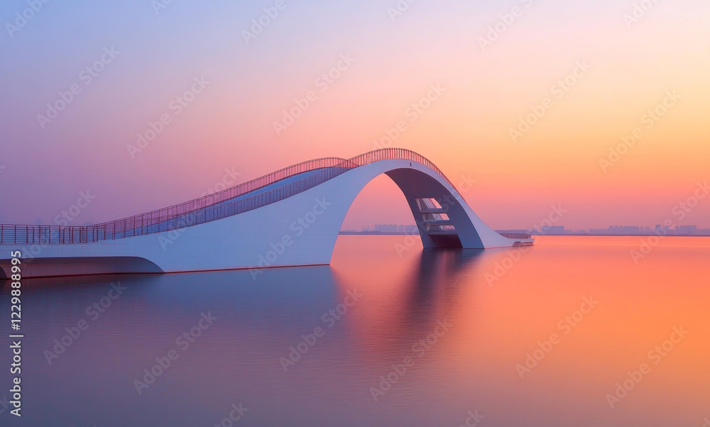 A modern bridge spanning calm water. The design of the bridge is very ...