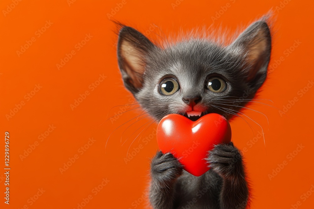 Cute lykoi baby feline with furry friend toy red heart - emblem of love ...