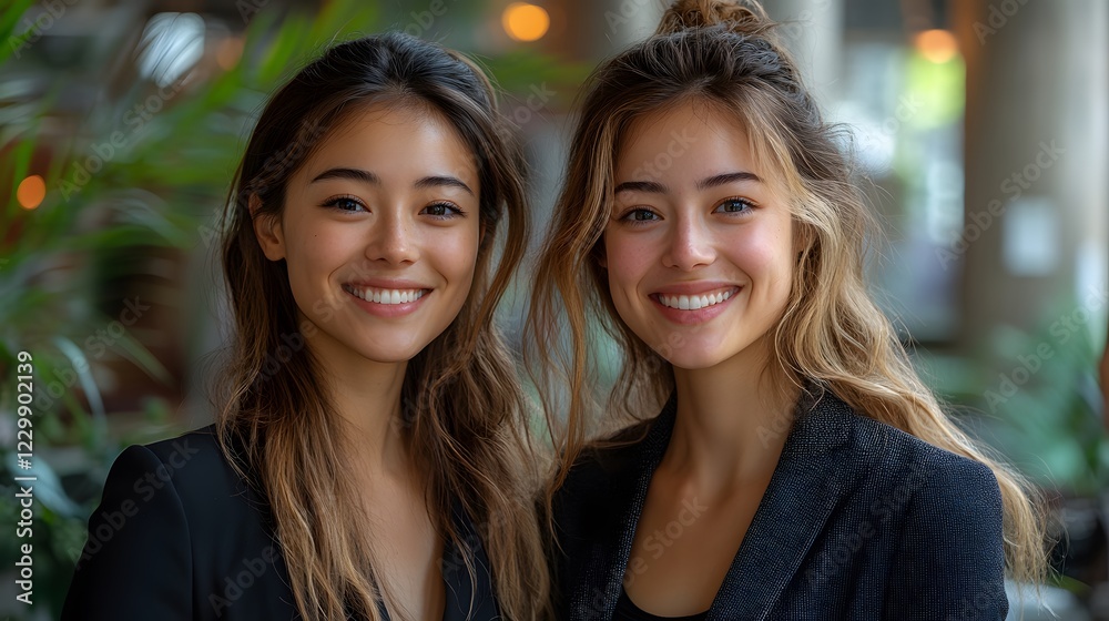 Women in business attire smiling and supporting each other in a ...