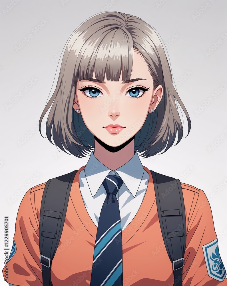 adult female confident buzz cut school uniform anime style on plain ...