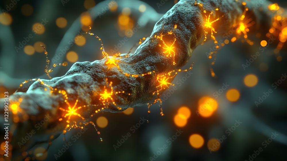 Illuminated Neural Pathway: Microscopic view of a glowing neural pathway, intricate network of ...