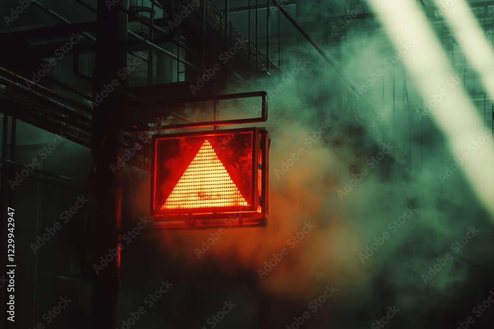 Reflective hazard sign displaying warning in industrial area under low ...