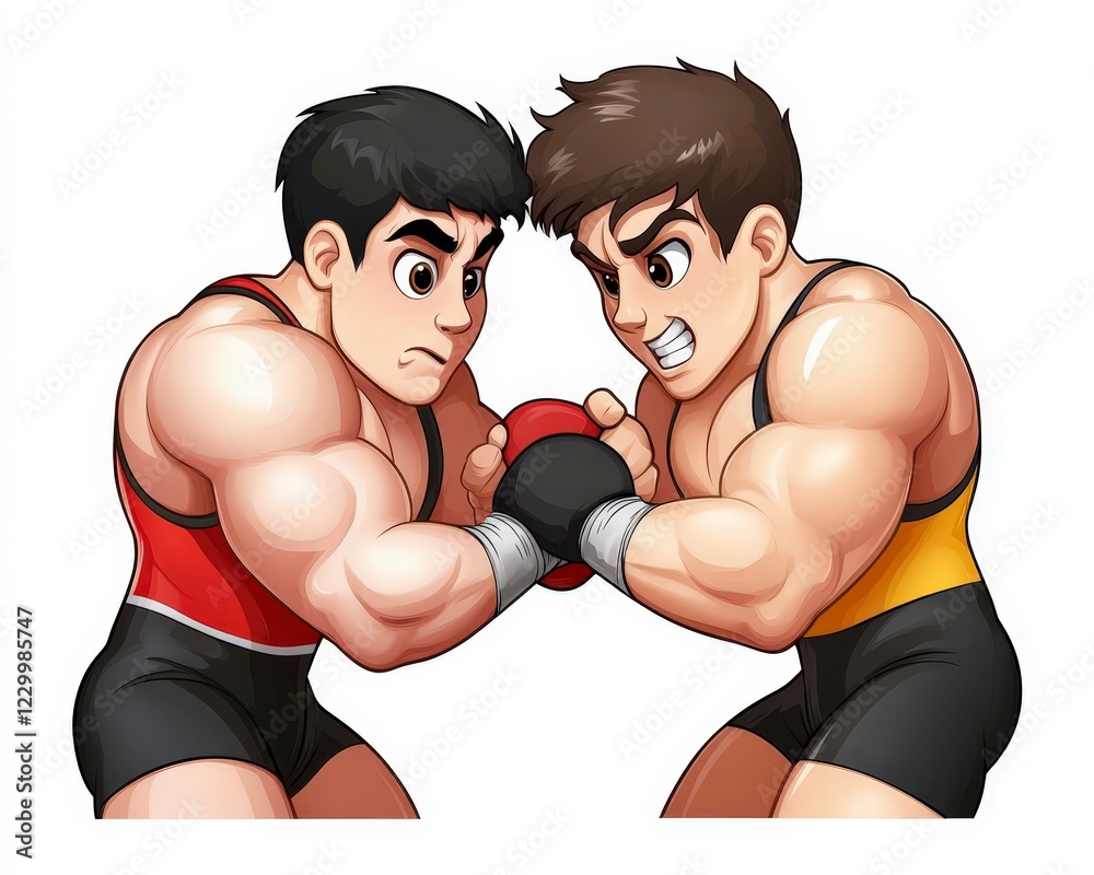 Cartoon Wrestling Match Between Two Muscular Competitors Stock ...
