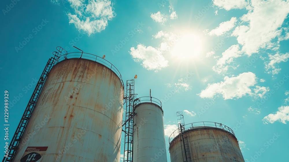 Industrial gas storage tanks under a bright blue sky, safety signs ...