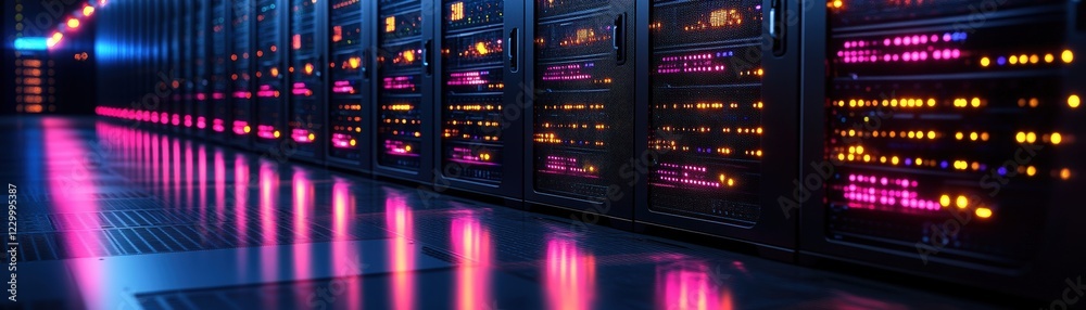 Row of server racks in a data center with blinking lights and cables connected to each unit ...