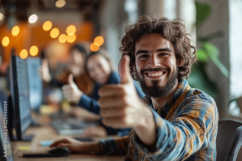 team celebrating success with thumbs up in modern office. atmosphere is ...