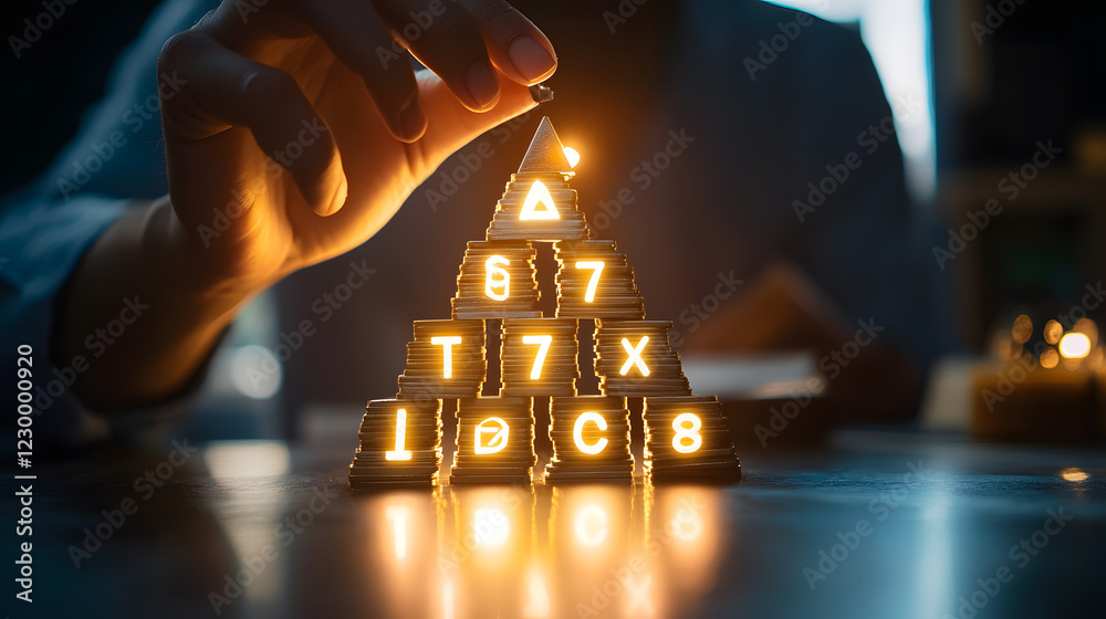 hand carefully builds glowing pyramid of tax related symbols ...
