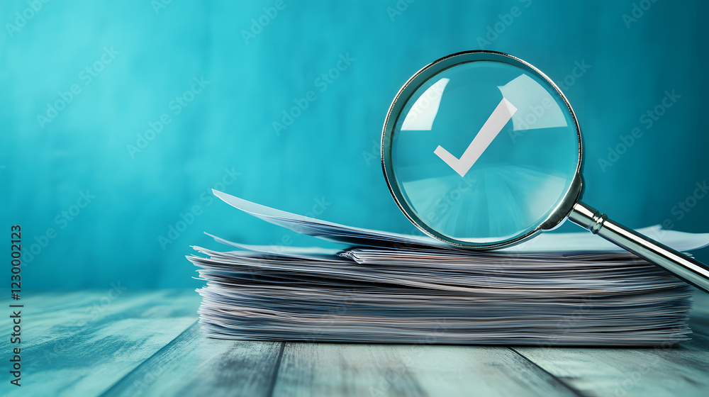 magnifying glass focuses on stack of documents with checkmark symbol ...