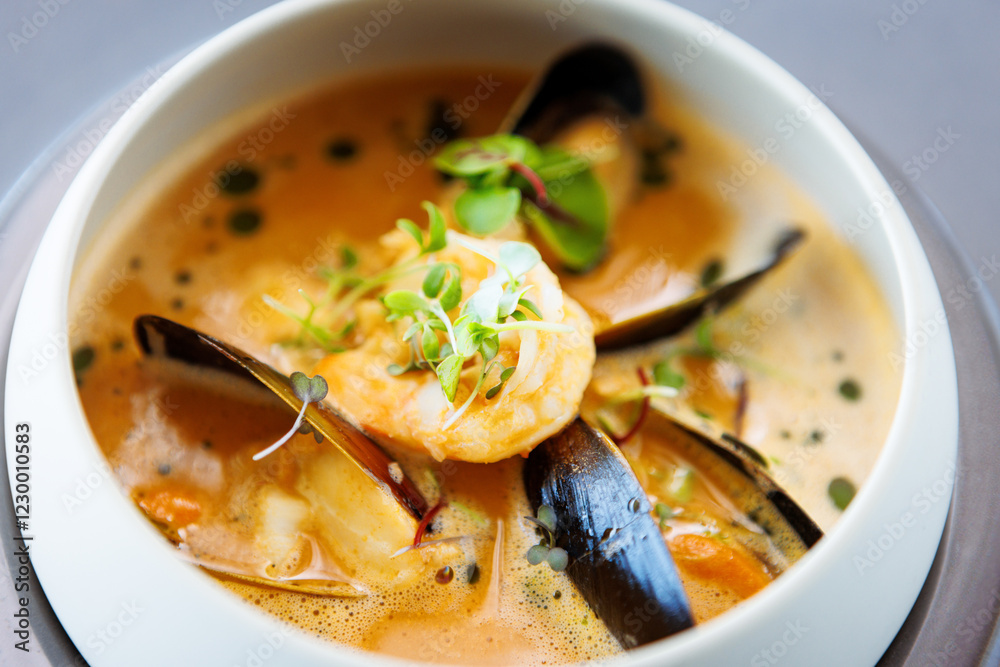 Shrimp Bisque with Seafood. King prawn, blue mussels, cod, whipped ...