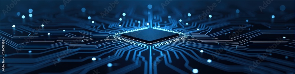 Blueprint-style microchip layout with white lines on dark navy ...