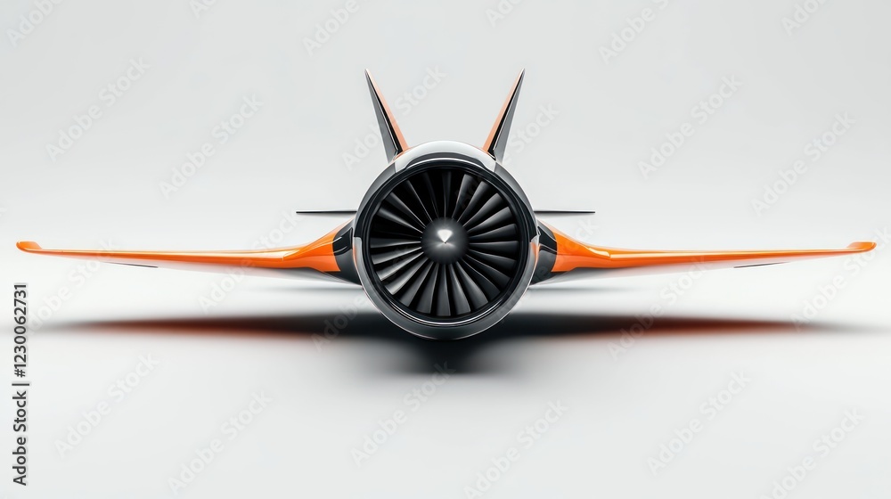 Orange and black futuristic jet aircraft, front view, isolated on white ...