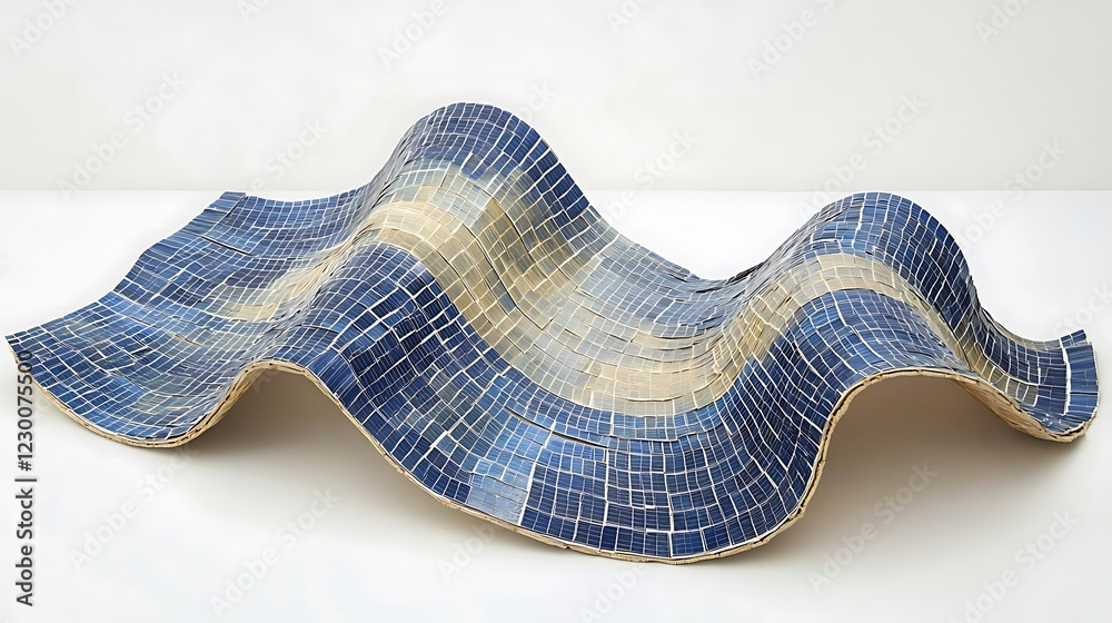 Blue mosaic wave art installation on white background. Modern art for ...