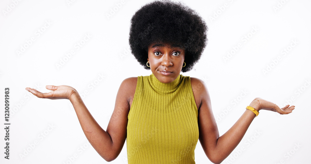 Confused, portrait and shrug of black woman with why, hands or dont ...