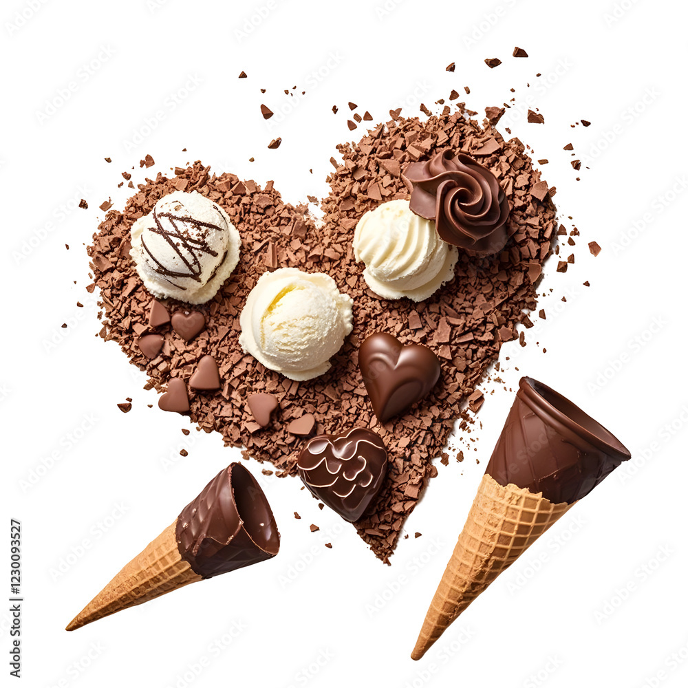 Chocolate shavings in heart shapes, ice cream cones, waffle cones ...