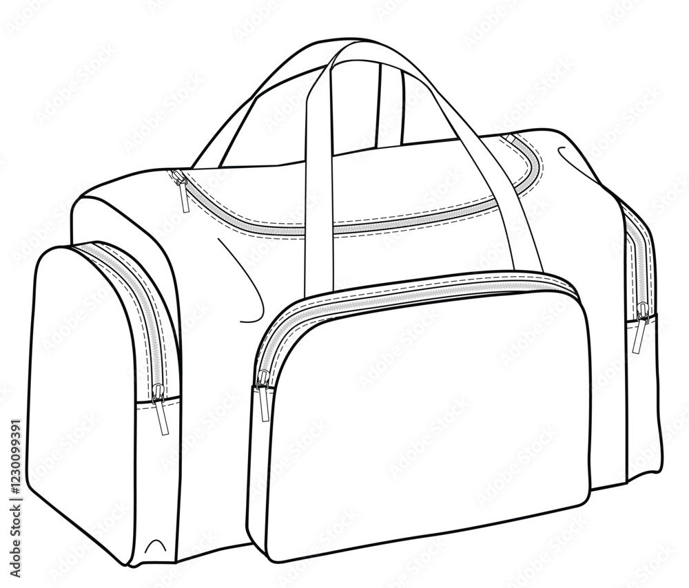 Duffel bag with end pockets flat sketch vector illustration technical ...