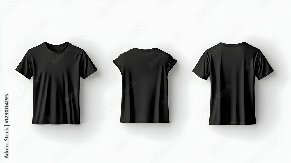 Black t-shirt mockup, front, back, side views, white background, design ...