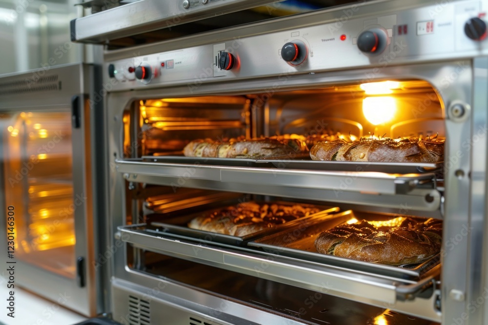 Delicious loaves of bread resting on metal trays inside a commercial ...