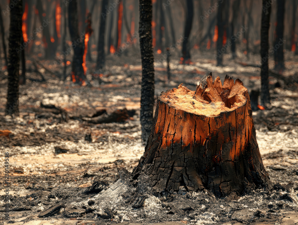 high resolution photo of burnt tree stumps and ashes in forest ...