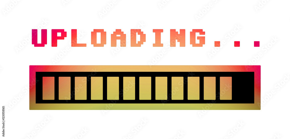 Isolated 8-bit retro style uploading text with progress bar and color ...