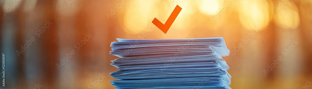 Stack of documents with an orange check mark, symbolizing approval and ...