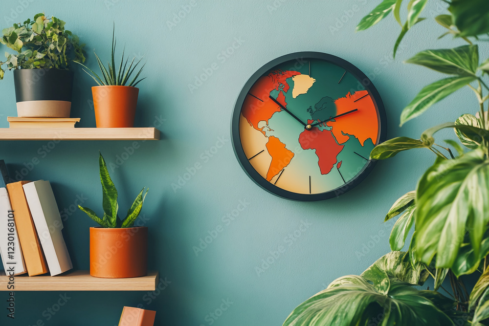 Colorful world map wall clock on a teal background with potted plants ...