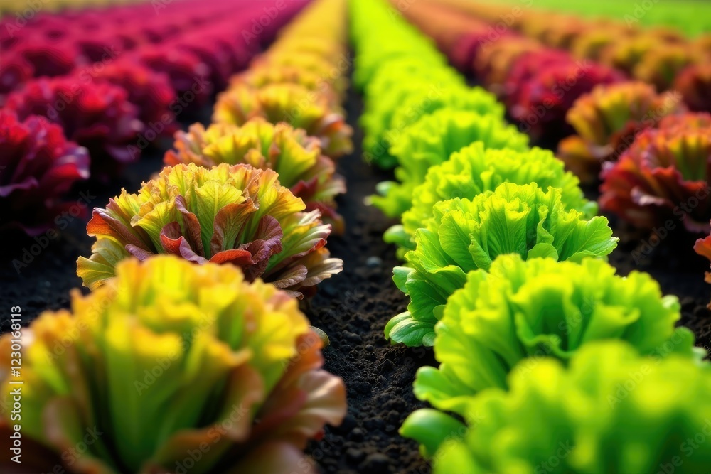Rows of lettuce plants with red and green shades growing side by side ...