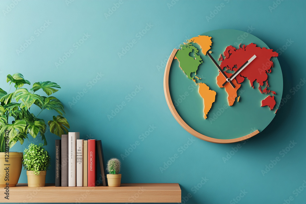 Colorful world map wall clock on a teal background with potted plants ...