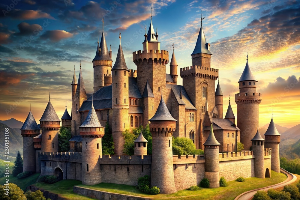 Medieval fantasy castle with turrets, towers, and battlements, turrets ...