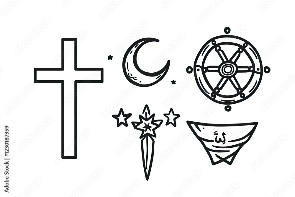 Line art vector illustration of religious symbols for a coloring book ...