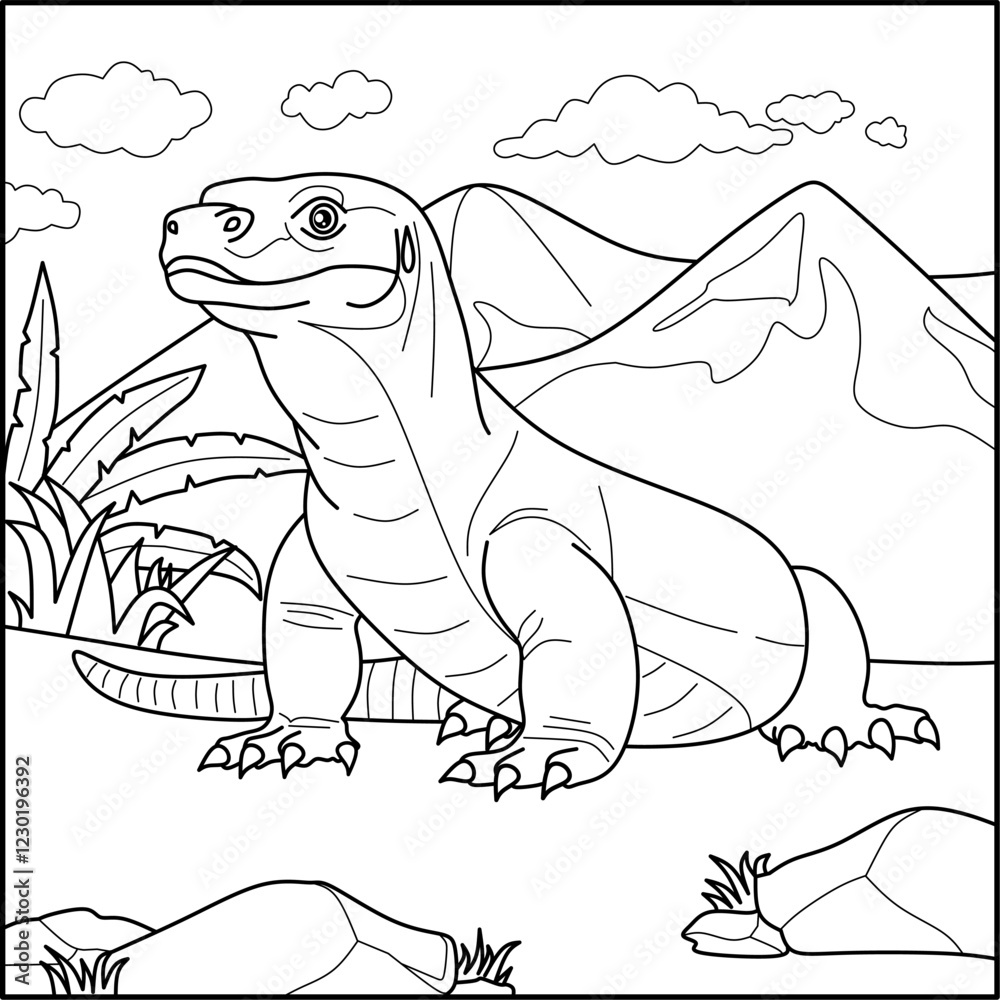Komodo dragon line art for coloring book with simple background Stock ...