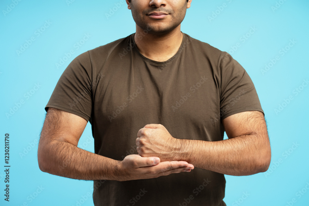 Man using sign language showing letter r on blue background Stock Photo ...
