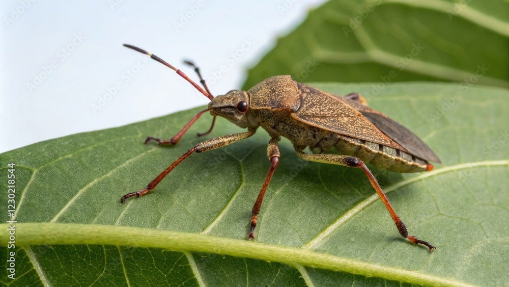 Macro image of stink bug's legs and claws on a smooth green leaf, stink ...
