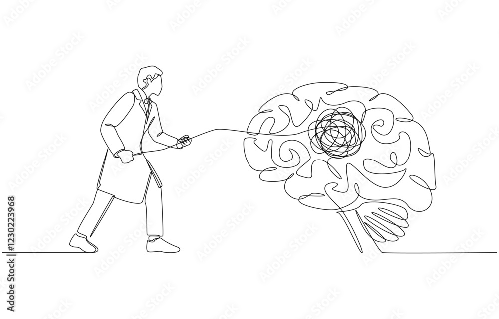 Continuous one line drawing of psychiatrist pulling tangled line out of ...