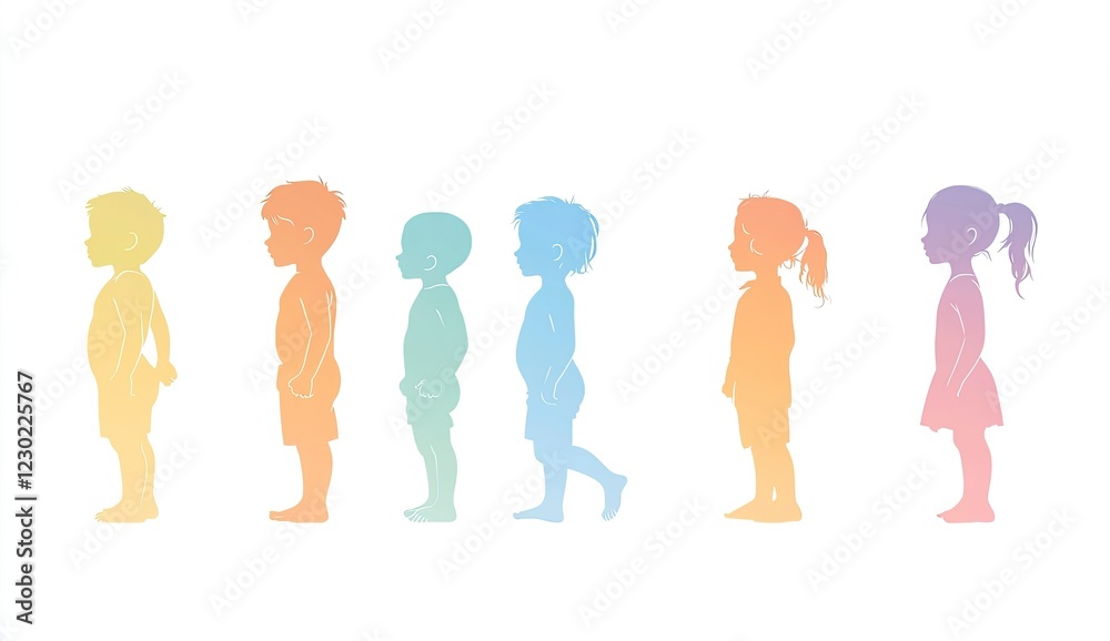 Silhouettes of children's bodies in different growth stages, on a white ...