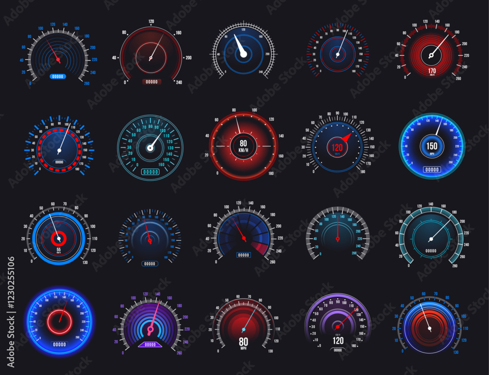 Set of speedometers and tachometers with different colors and values ...