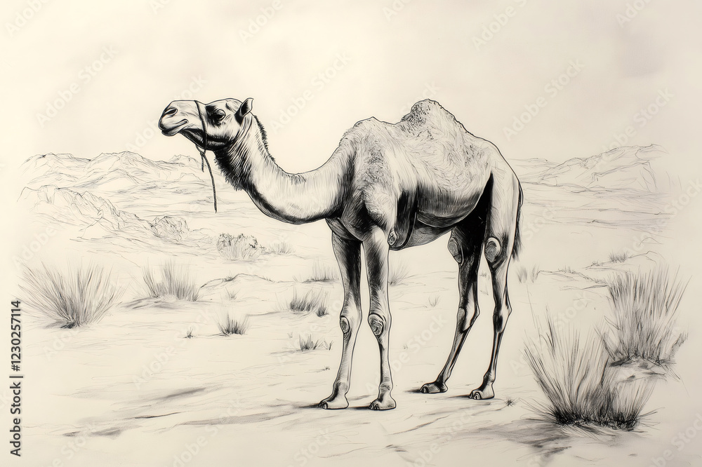 Realistic ink drawing depicting a dromedary camel walking gracefully ...