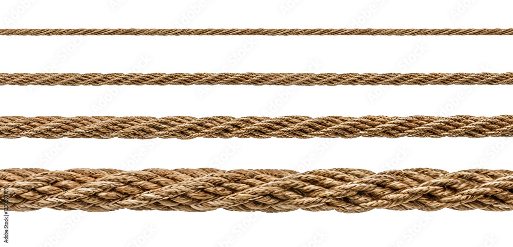 Four twisted manila ropes of different thicknesses lying horizontally ...