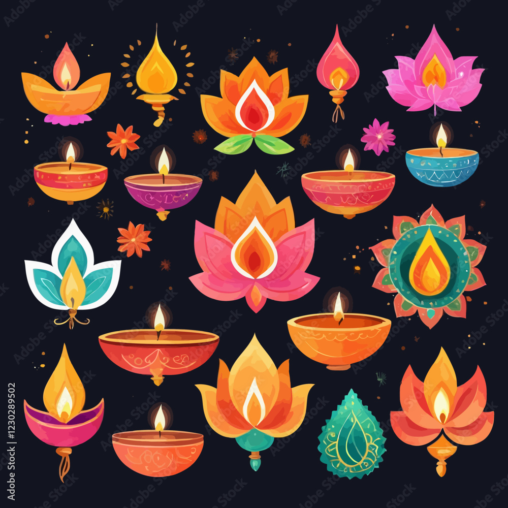 Diwali Clipart Set. Water color illustration of Diwali symbols and ...