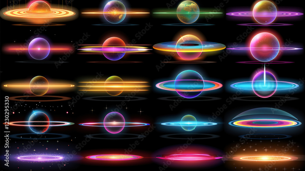 Bright light lens flares with various shapes and sizes create cosmic ...