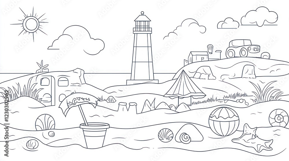Summer beach scene with lighthouse, kids playing, coloring book page ...