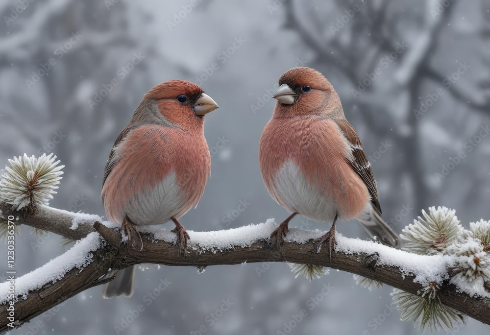 Rosy Finch perched on a thin branch of a bare winter tree crown with ...