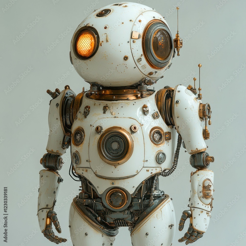 Ilustración de Stock Image of an aged, white and rusted robot with four ...