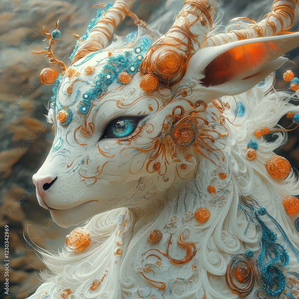 Image depicts an anthropomorphic goat, with human-like eyes, white fur ...